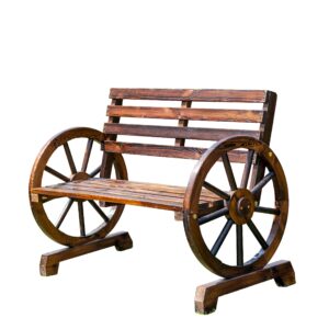 mavalous wagon wheel bench outdoor, 2 person seat rustic wood patio benches with backrest for outdoor brown