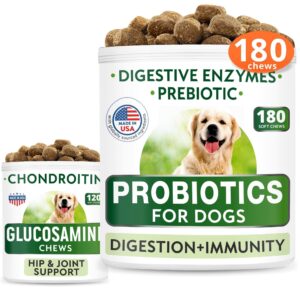 dog probiotics chews + glucosamine bundle - gas, diarrhea, allergy, constipation, upset stomach relief + hip & joint care - digestive enzymes + prebiotics + chondroitin, msm, omega-3 - 300 soft chews