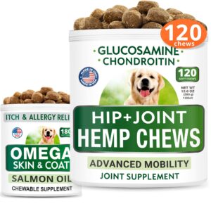 hemp treats + glucosamine + omega 3 for dogs bundle - joint pain + allergy and itch relief - hip & joint supplement w/msm + chondroitin + hemp oil + omega 3 + epa & dha fatty acids - 120 + 180 chews