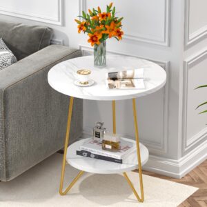 tribesigns faux marble end table, 2 tier round side table with shelves, modern gold nightstand bedside table small coffee accent table for living room bedroom, white and gold