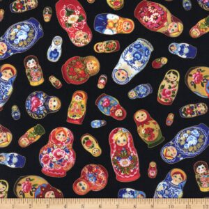 elizabeth's studio metallic matryoshka tossed dolls black, fabric by the yard