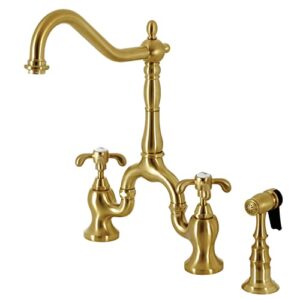 kingston brass ks7757txbs french country bridge kitchen faucet, brushed brass