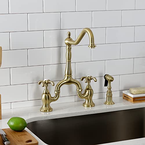 Kingston Brass KS7757TXBS French Country Bridge Kitchen Faucet, Brushed Brass