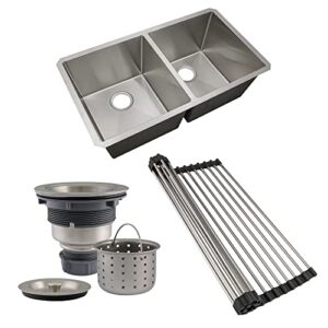 design house 110080 rectangular double bowl 32x18x10-inch 18-gauge undermount stainless steel kitchen sink combo with sink, roll-up drying rack and drain strainer basket