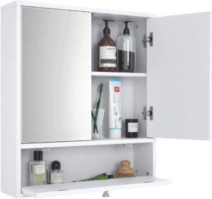 luarane bathroom medicine cabinet, wall mounted cabinet with double mirror door pull-down door, storage organizer cabinet with adjustable shelf, mirror cabinet for bathroom living room, white