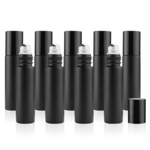 dmuuudm 10pcs 10ml frosted roller bottle for essential oils,empty glass roll-on vials with stainless steel roller ball,metal lid perfume sample oil container-opener&dropper included,black