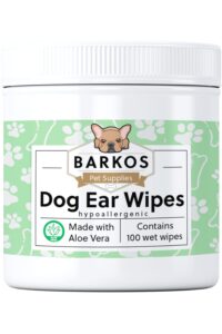 barkos pet supplies dog ear cleaner wipes | bulldog, french bulldog, pug, english bulldog | cleans & soothes ears, wrinkles, folds, tear stain (dog ear cleaner wipes)