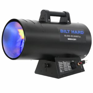 bilt hard 85,000 btu forced air propane heater, adjustable portable liquid propane torpedo heater for garage, jobsite and construction sites, csa listed