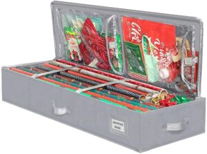 premium wrapping paper storage container -durable material 600d tear-proof - fits up to 27 paper rolls -extra pockets for ribbons & bows. underbed gift wrap organizer, ideal for holiday christmas, etc