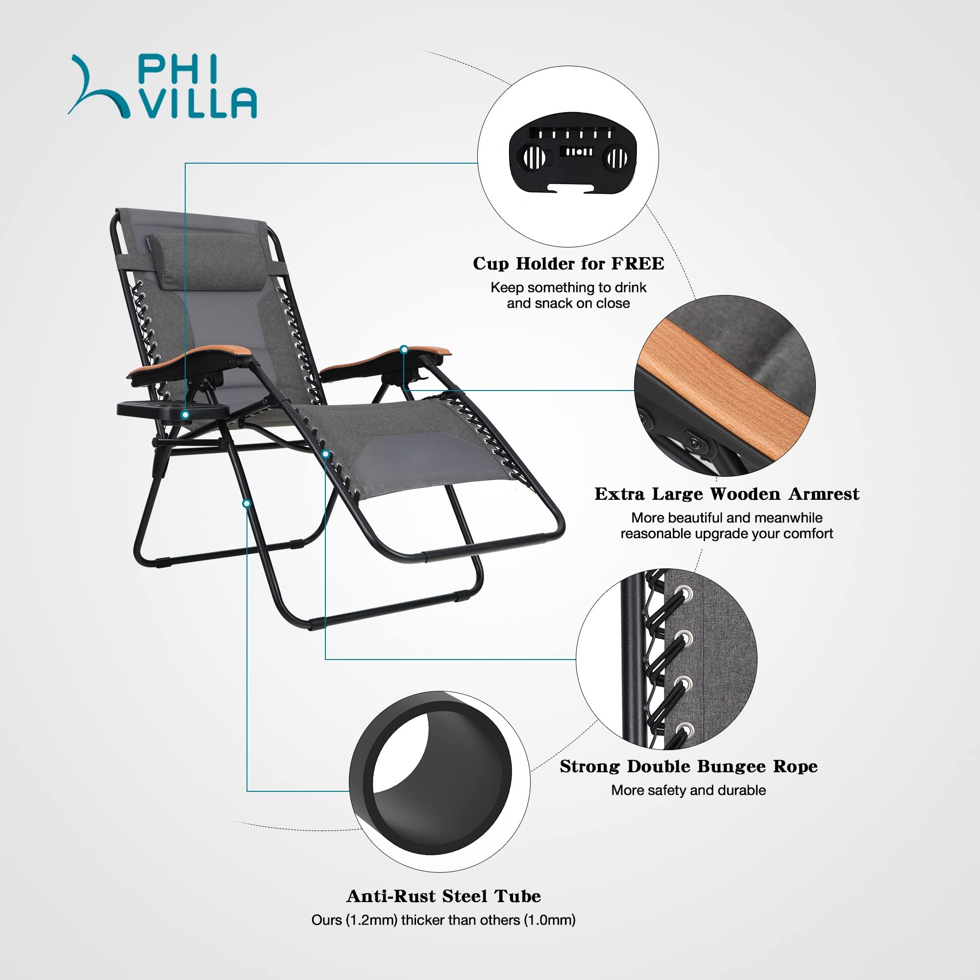 PHI VILLA Oversized Padded Zero Gravity Chair, Folding Outdoor Patio Recliner, XL Anti Gravity Lounger for Backyard w/Headrest, Cup Holder, Side Tray, Grey