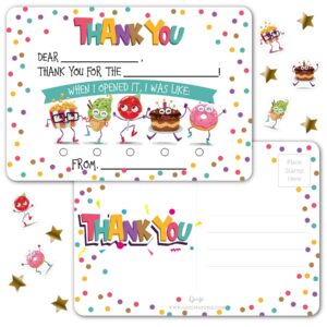 gooji kid’s thank you cards, 25 pc. postcards set, double-sided custom cardstock with fill in the blank messages for birthday party, event, or holiday use, stickers included (party treats)