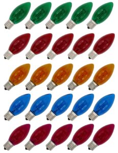 25 pack c9 christmas replacement light bulbs - steady burning - 7 watt, extended life, nickel plated e17 base - great for christmas lights, decorative incandescent lights (transparent multi)