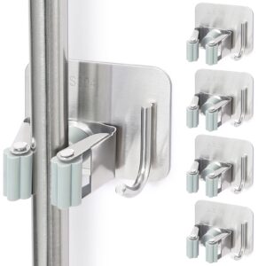 yuwanting stainless steel broom holder, rust resistant, self adhesive, 4 gripper positions, 4 hooks, silver