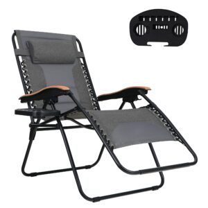 phi villa oversized padded zero gravity chair, folding outdoor patio recliner, xl anti gravity lounger for backyard w/headrest, cup holder, side tray, grey