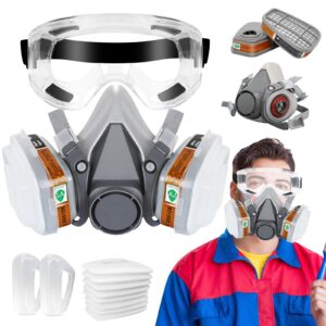 reusable half face cover set with safety goggles and 8 active cotton respirator filters for sanding, staining, epoxy resin, welding, woodworking