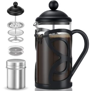 worbic french press coffee maker, 3 level filtration system, coffee press with heat resistant borosilicate glass, 12oz coffee french press with coffee scoop w/clip & 2 extra filters (black)