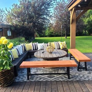 phi villa outdoor acacia wood bench, 2 pieces 63" patio picnic bench farmhouse dining bench for 6 people backless oil finished teak bench supports 550lbs, classic brown and black