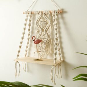 macrame hanging shelf with handmade woven tassel hanger rustic wall shelves aesthetic hanging shelf aesthetic wall decor aesthetic room decor rope floating shelf for photo frame plant hangers (d)