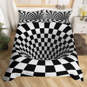 castle fairy op art bedding set,black white grid duvet cover for kids teen boys girls,geometric arrangement comforter cover decorative room,visual geometry quilt cover with 2 pillowcases,king size