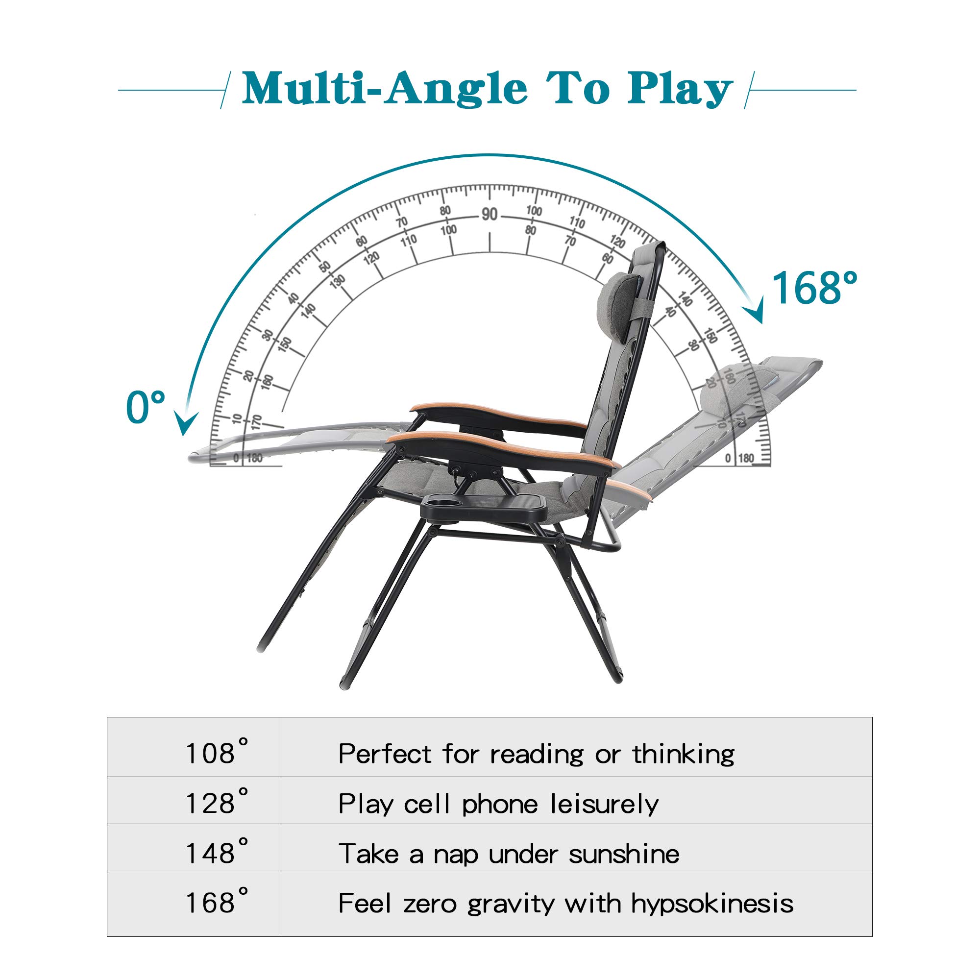 PHI VILLA Oversized Padded Zero Gravity Chair, Folding Outdoor Patio Recliner, XL Anti Gravity Lounger for Backyard w/Headrest, Cup Holder, Side Tray, Grey