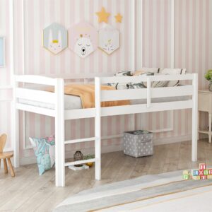 bellemve low loft bed twin size wooden loft bed frame with ladder for kids girls boys teens, white