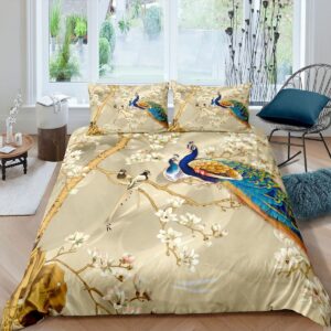 feelyou peacock comforter cover set peacock with floral bedding set for kids adults girls animals duvet cover botanical bedspread cover 1 duvet cover with 2 pillowcases queen size (no comforter)