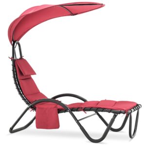 mcombo outdoor steel chaise lounge chair with removable canopy and cushions, reclining chair w/side pocket arc stand, for beach poolside backyard balcony porch, 4097 (burgundy)