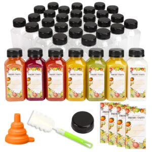 tomnk 35pcs 8oz plastic juice bottles with caps, reusable clear bottles with label, funnel and brush beverage containers bulk with lids for juicing, smoothies, drinking