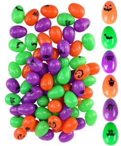 iconikal 72-count halloween eggs - durable plastic holiday treat containers in orange, neon green, and purple featuring 6 different fun designs (2.3 x 1.6)