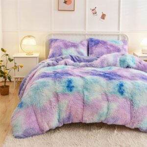 a nice night shaggy fluffy faux fur duvet cover set, tie dye style,softest, luxury ultra soft crystal velvet bedding sets, zipper closur (queen, purple-blue)