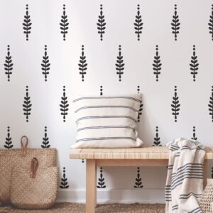 shyjshyj a room with floral vinyl leaves wall decals, peel and stick modern boho flower stickers for bedroom livingroom home wall art decor-black