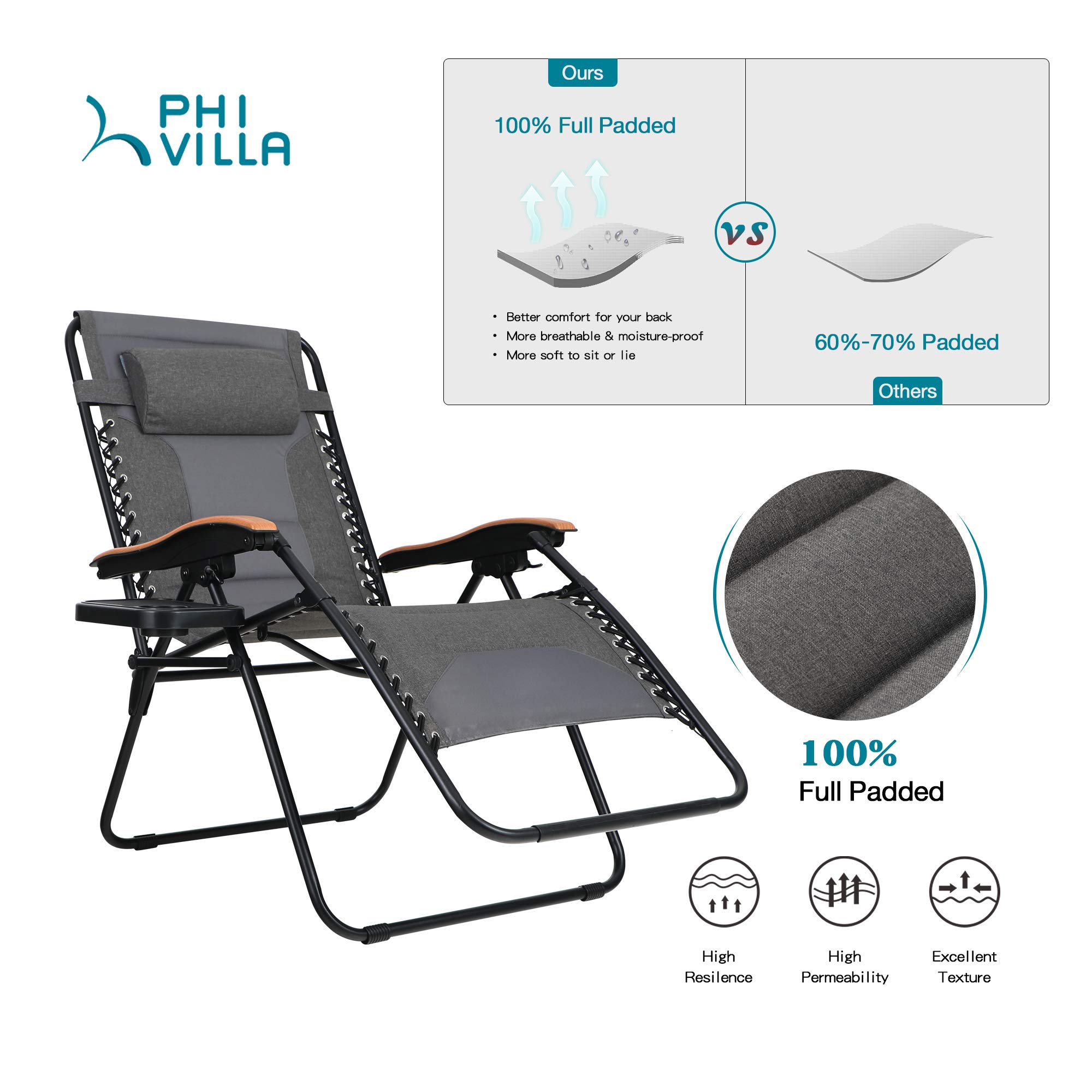 PHI VILLA Oversized Padded Zero Gravity Chair, Folding Outdoor Patio Recliner, XL Anti Gravity Lounger for Backyard w/Headrest, Cup Holder, Side Tray, Grey