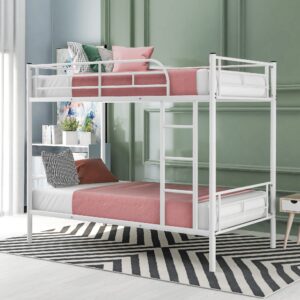 bunk bed,twin over twin metal bunk bed,metal bunk bed twin with 2 ladder and safety rail,space saving,for kids boys girls teens adults(white)