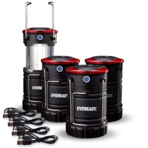 eveready led camping lanterns (4-pack), hybrid power rechargeable collapsible lantern flashlights, ultra bright tent lights for outdoors, camping, fishing, emergency black , one size