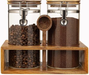 yangbaga glass sugar coffee containers with shelf, 2 x 45oz coffee bean canister storage station organizer with airtight locking clamp and log coffee scoop, large capacity food storage jar for kitchen