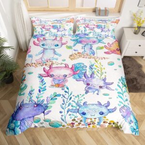 erosebridal cartoon axolotl duvet cover full for kids boys girls toddlers,kawaii axolotl bedding set,coastal ocean sealife comforter cover with 2 pillowcases