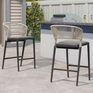 purple leaf counter height bar stool set of 2 modern aluminum rattan wicker outdoor barstools with backrest and cushion for kitchen lawn pool bar chairs dark grey