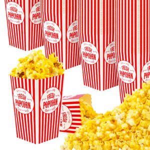 [50 pack] movie theater popcorn boxes disposable red & white striped - 30 oz capacity - vintage snack box concession and carnival party supplies, individual popcorn bucket containers