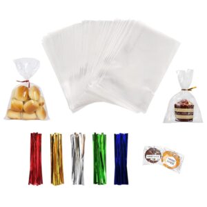 xlsfpy 100pcs clear cellophane bags, 5x7 small treat bags with ties, cake pop bags, candy bags, goodie bags, rice crispy treat bags, clear bags for favors birthday party (5'' x 7'')