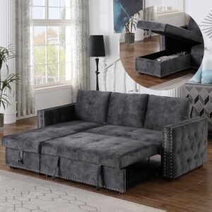 morden fort sectional sleeper sofa with pull out bed storage, queen size 91 inches sofa bed, l-shape sectional couch with comfy chaise seat sectional sleeper couch for living room, black