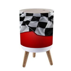 shl96pzgx small trash can with lid checkered flag on red with wood legs wastebasket round garbage bin for kitchen, bathroom, 1.8 gallon - 7l