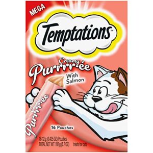 temptations creamy puree with salmon lickable, squeezable cat treats, 0.42 oz pouches, 16 count