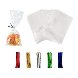 xlsfpy 100pcs clear cellophane treat bags with 100pcs twist ties, 3x4 opp rice crispy bags for gift goodie favor candy cake pop birthday party cookies christmas new year wedding party (3'' x 4'')