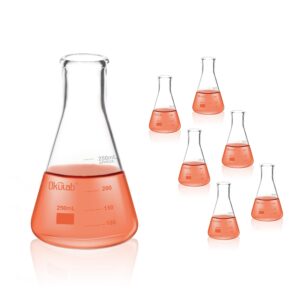 okulab conical flask set, 250ml glass erlenmeyer flasks, narrow mouth, 3.3 borosilicate glass conical flask set (case of 6) for lab, classroom, craft, kitchen,efng250a6