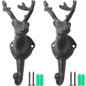 nsbell 2pcs rustic heavy duty cast iron deer head hook wall antler key holder hanging towel key coat rack durable iron hanger living room bathroom room kitchen wall decoration