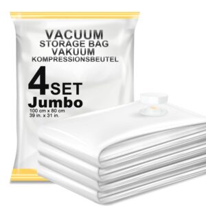 4 pack jumbo vacuum storage bags, durable, double-thickness, space-saving storage solution, perfect for duvets, blankets, and home organization