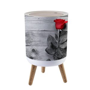 shl96pzgx small trash can with lid red rose on black and white with wood legs wastebasket round garbage bin for kitchen, bathroom, 1.8 gallon - 7l