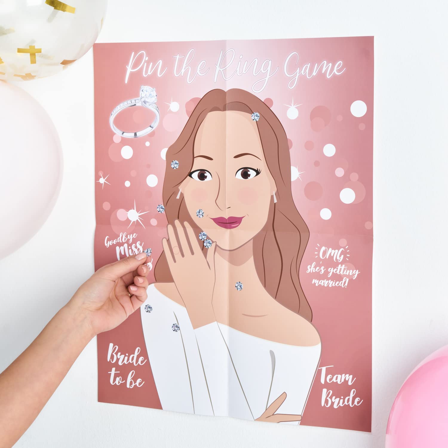 Pin The Ring On The Bride - Perfect Bridal Shower Bachelorette Party Night Game - Includes 40 Stickers