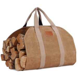 twentynext firewood log carrier, firewood waxed canvas tote bag with handles, heavy duty firewood holder fireplace wood stove accessories for camping,bbq indoor & outdoor