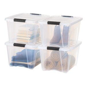 iris usa 32 quart stackable plastic storage bins with lids and latching buckles, 4 pack - clear, containers with lids and latches, durable nestable closet, garage, totes, tubs boxes organizing